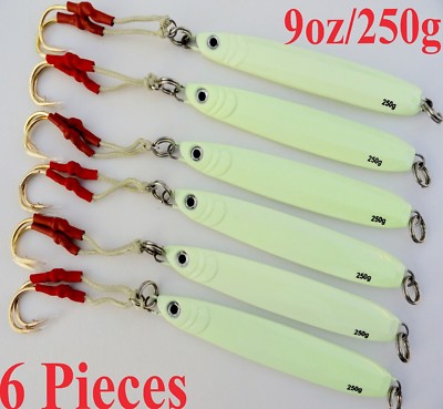 6 pcs Knife Jigs 9oz / 250g Glow Vertical Butterfly Saltwater Fishing ...