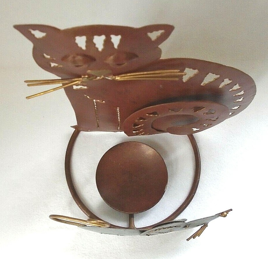 Kitty Cat & Mouse Gold Whiskers Welded Metal Art Votive Pillar Candle ...
