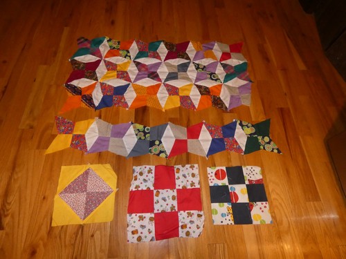 Tumbling Block Quilt Blocks + Nine Patch Handmade Pieced Vintage Cotton ...