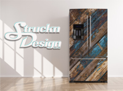 Rustic Dark Blue Wood Plank Barn Style Fridge Freezer Wrap Side Door ...