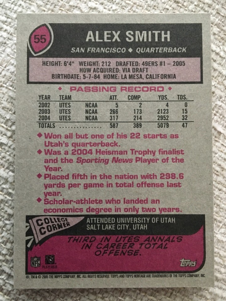 2005 TOPPS HERITAGE FOOTBALL ALEX SMITH ROOKIE CARD No.55 San Francisco ...