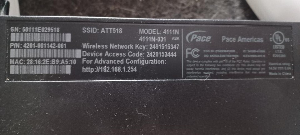 AT&T 4111N 4 Port 10/100 Wireless Router With Ethernet cord only. no ...