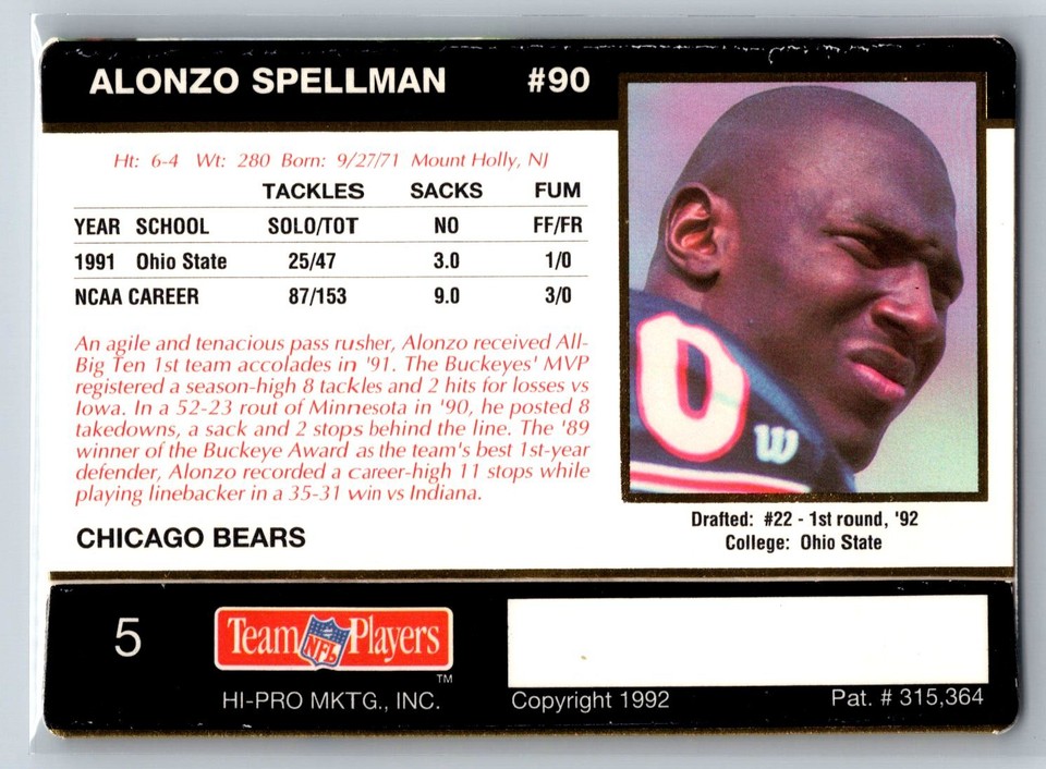 1992 Action Packed Rookie/Update Alonzo Spellman Rookie Chicago Bears ...