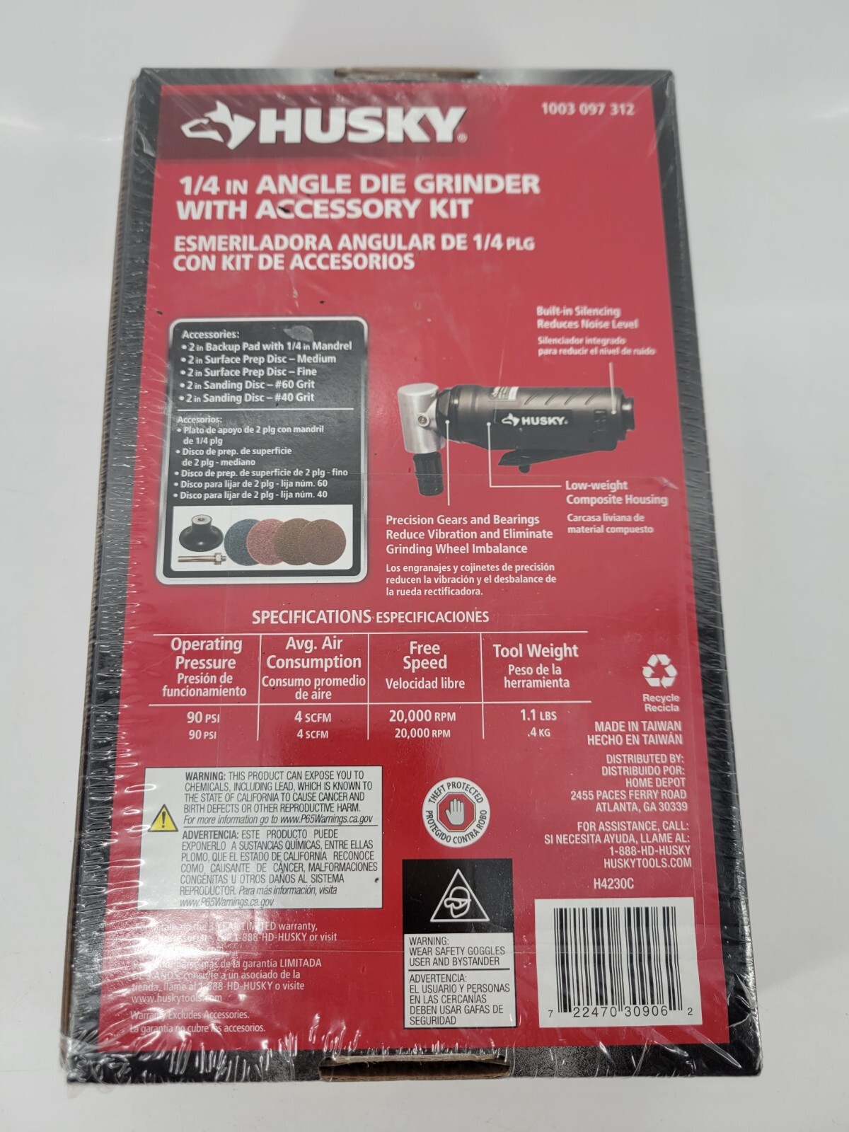 Husky 1003 097 312 1/4" Angle Die Grinder with Accessory Kit - Black ...
