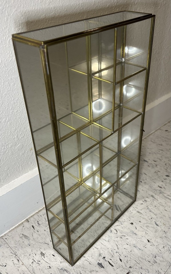 Vintage Glass Brass Display Case Curio Cabinet Mirrored Back Wall Shelf ...