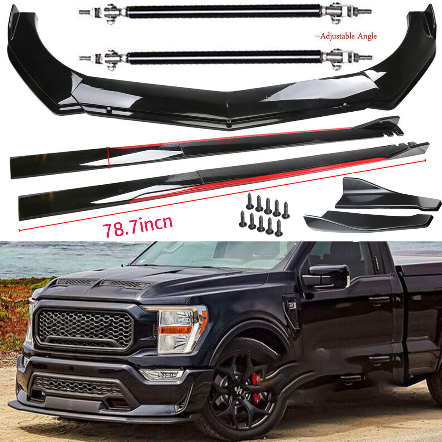 Front Bumper Lip Spoiler Splitter/Side Skirt Glossy Black For Ford F150 ...