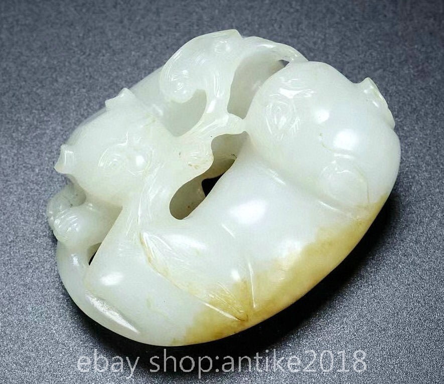 2.4" Chinese Natural Hetian Jade Hand Carving Fengshui 2 Beast Play ...