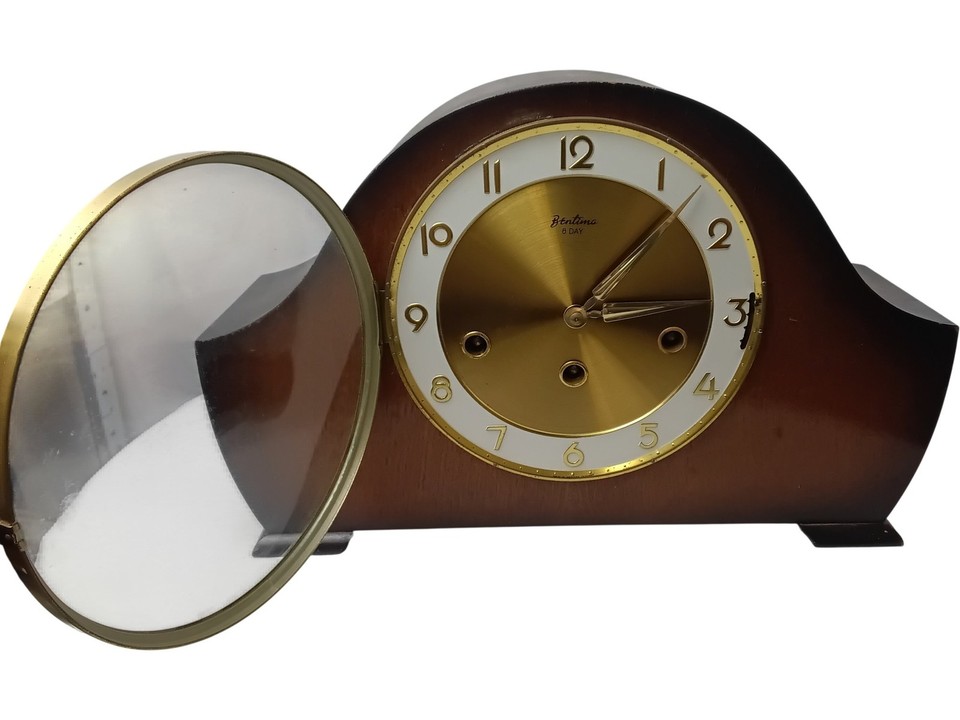 Bentima Mantel Clock 8 Day Westminster Chimes Brass Wooden Case Vintage ...