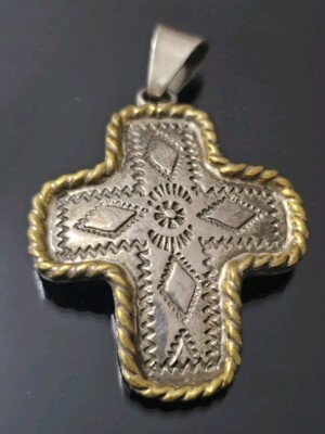 Large Vintage Sterling Silver 925 Two Tone Southwestern Cross Pendant ...