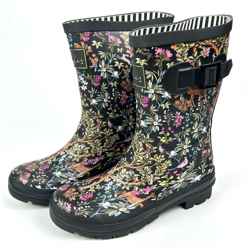 JOULES Women's Molly Welly Rain Boots Black with Forest Animals Size US ...