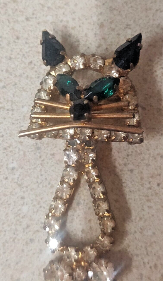 Vintage Rhinestone Cat Pin Brooch Emerald Green Eyes Black Ears and ...