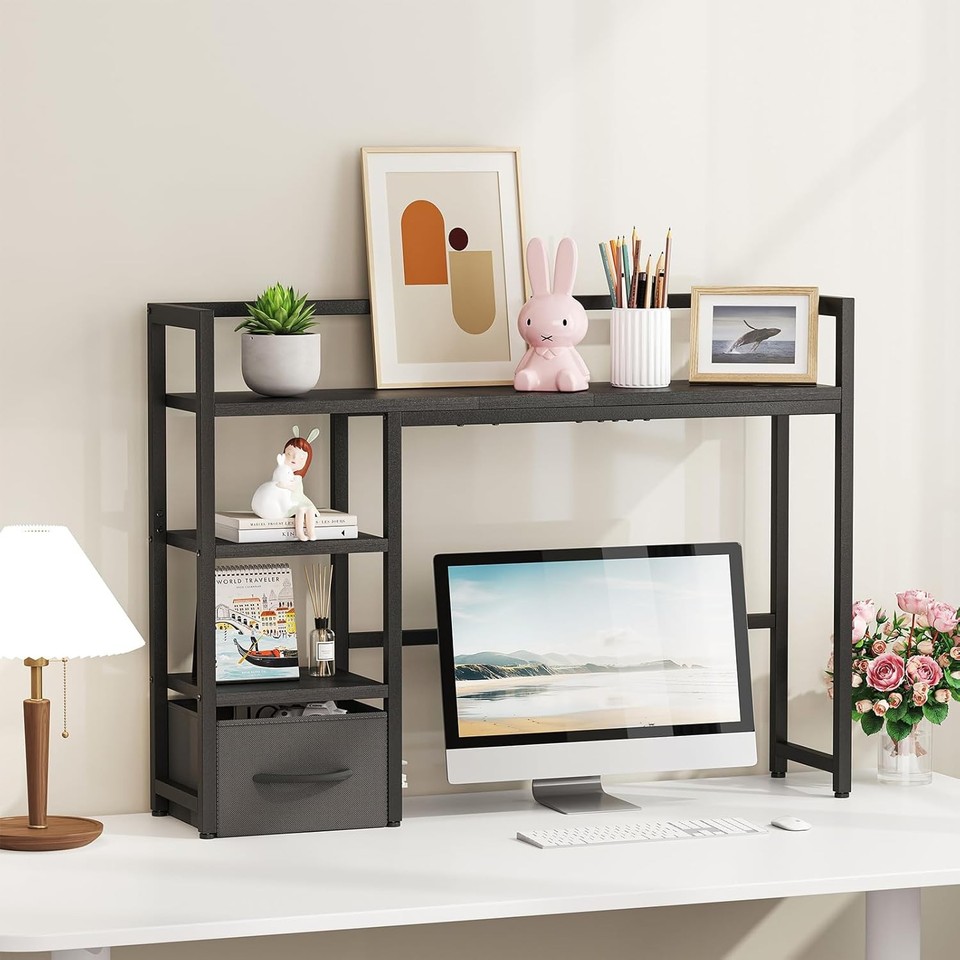 Desk Shelf with Drawer Desk Hutch for Computer Monitor Wooden Desktop ...