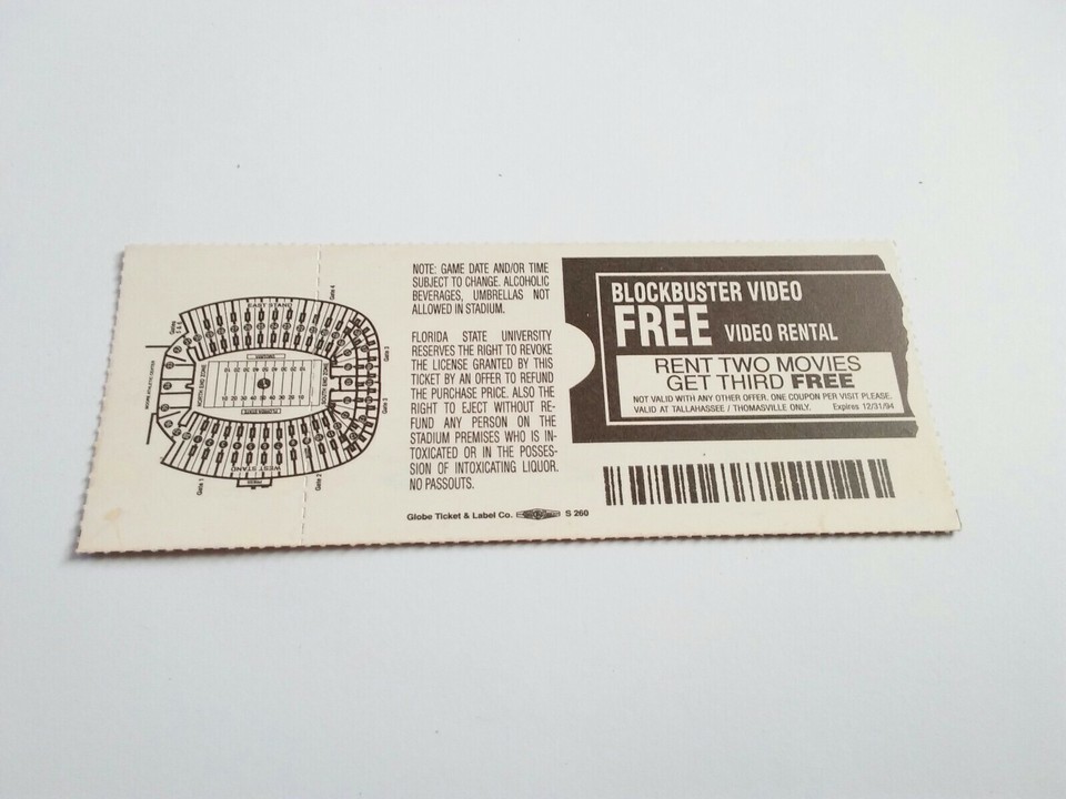 1994 Clemson Tigers Florida State Football Full Unused Ticket Stub | eBay