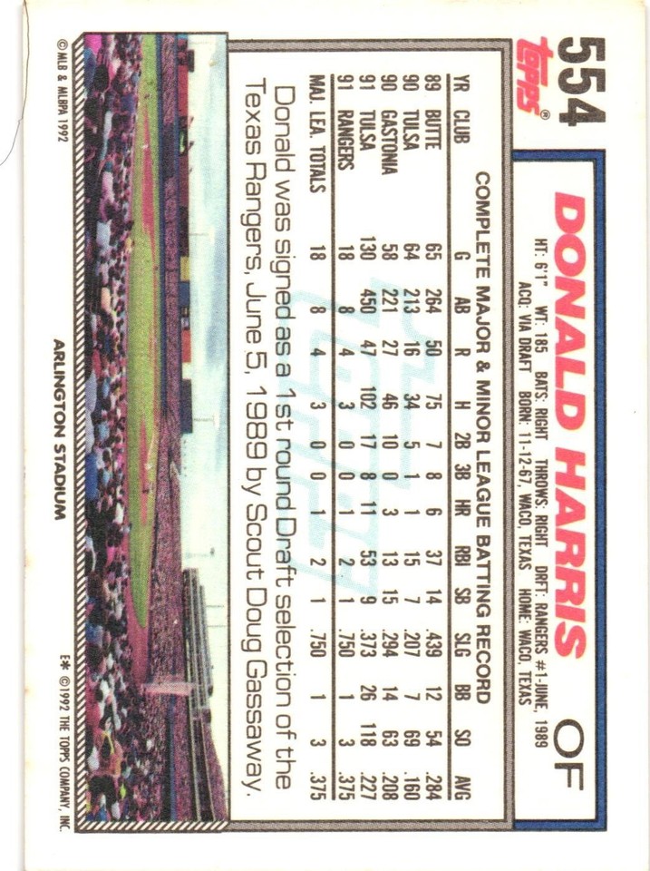 Donald Harris #554 Signed 1992 Topps MLB Baseball Card Rangers Auto | eBay