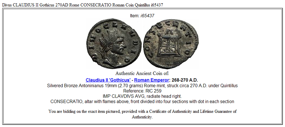 Divus CLAUDIUS II Gothicus 270AD Rome CONSECRATIO Roman Coin Quintillus ...