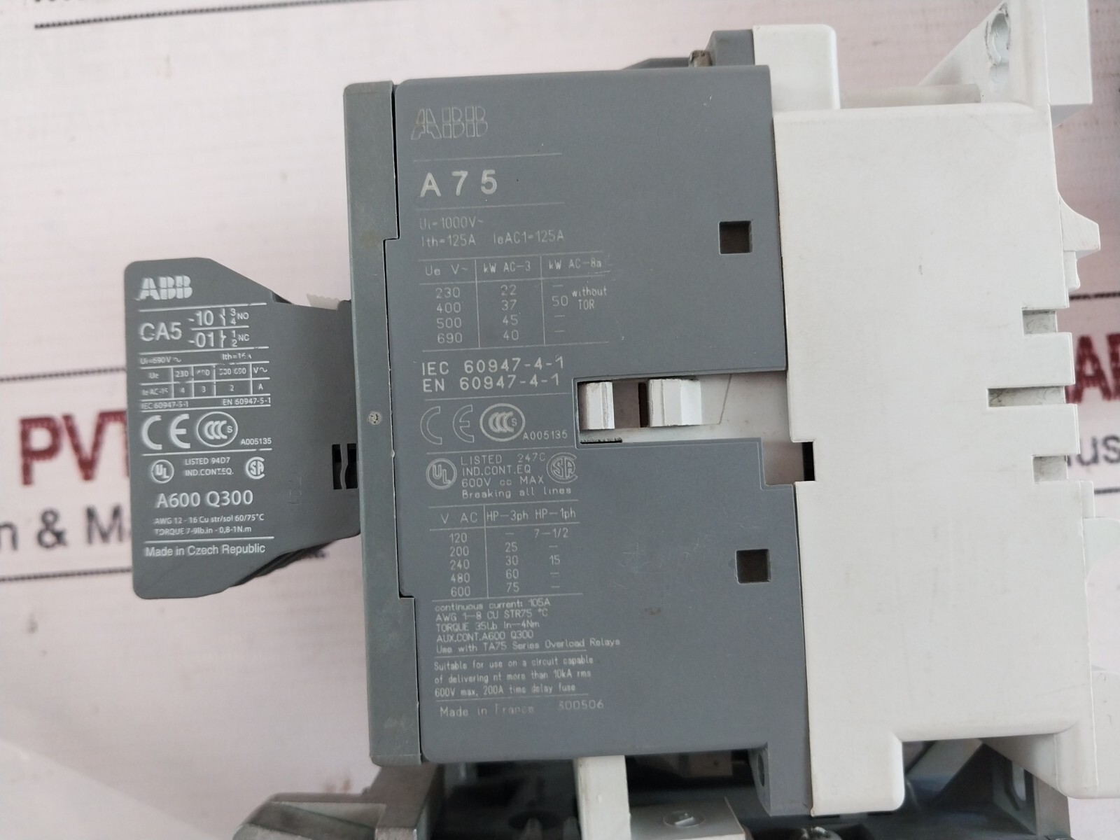 ABB TA75 DU Thermal Overload Relay + A 75 Contactor + CAL5-11B Contact ...