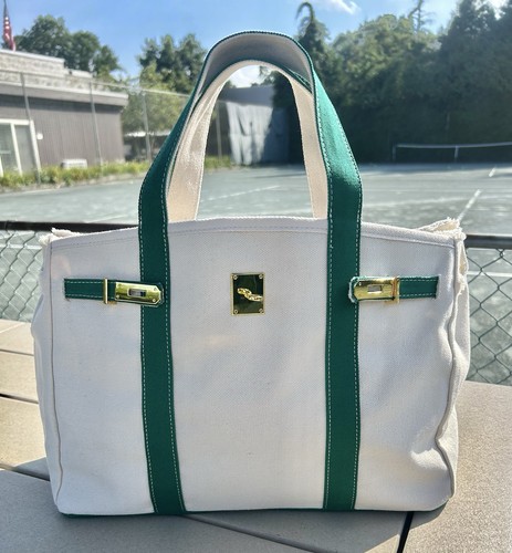 Boatkin Custom Handmade Canvas Tote Bag with Green Straps Gold Hardware ...