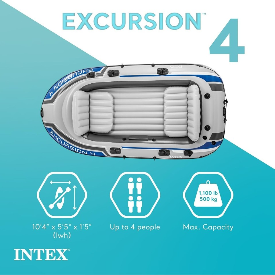 INTEX Excursion 4 Inflatable Boat Series w/ 54in Boat Oars and High ...