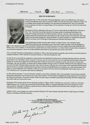 "Nobel Prize in Physics" Dr Melvin Schwartz Hand Signed Biography Page ...