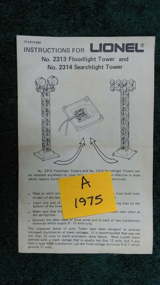 LIONEL 2313 FLOODLIGHT TOWER 12716 SEARCHLIGHT TOWER INSTRUCTIONS ...