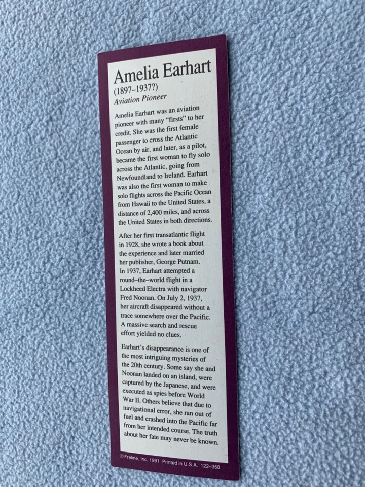 1991 American Women Celebration Bookmark Amelia Earhart 1897-1937 ...