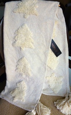 RACHEL ZOE Ivory Gold Holiday THROW Decorative Blanket Trees Tassels 50 ...