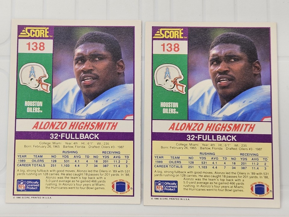 (2) 1990 Score #138 ALONZO HIGHSMITH Houston Oilers Football Cards | eBay