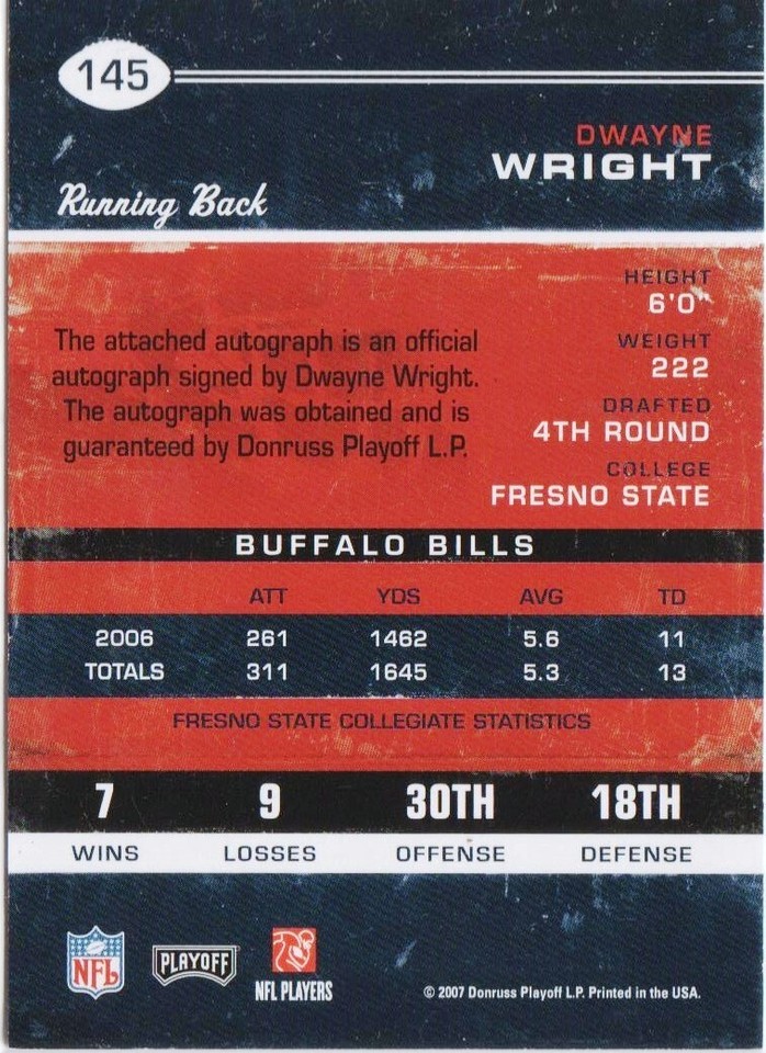 2007 PLAYOFF CONTENDERS ROOKIE TICKET AUTOGRAPHS DWAYNE WRIGHT RC /410 ...