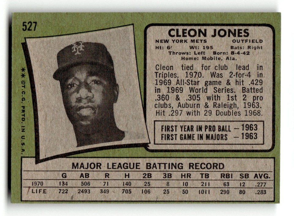 1971 Topps New York Mets Cleon Jones #527 | eBay