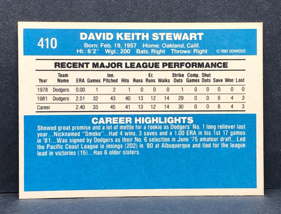 1982 Donruss DAVE STEWART Rookie Card RC No. 410 Crease-Free NM-MT+ ...