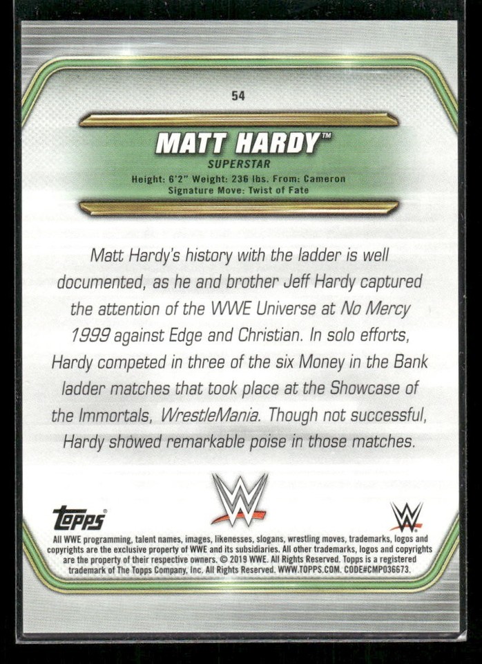 2019 Topps Money in the Bank Matt Hardy #54 Blue /50 | eBay