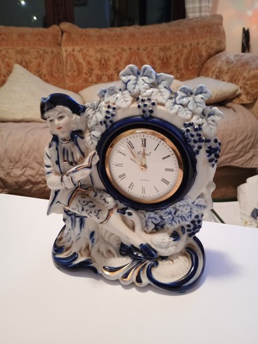 Vintage flat back pottery clock. Blue and white. | eBay UK