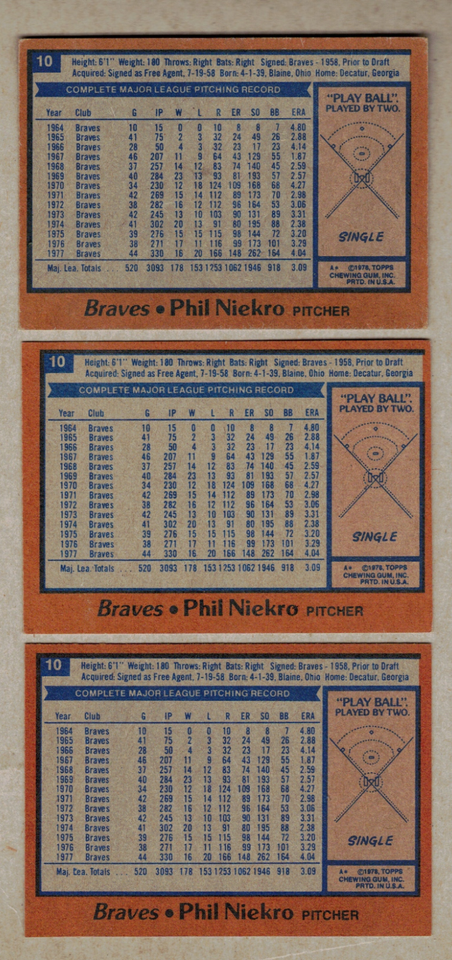 1978 - Topps - Phil Niekro (Atlanta Braves) #10 (Lot of 3) | eBay