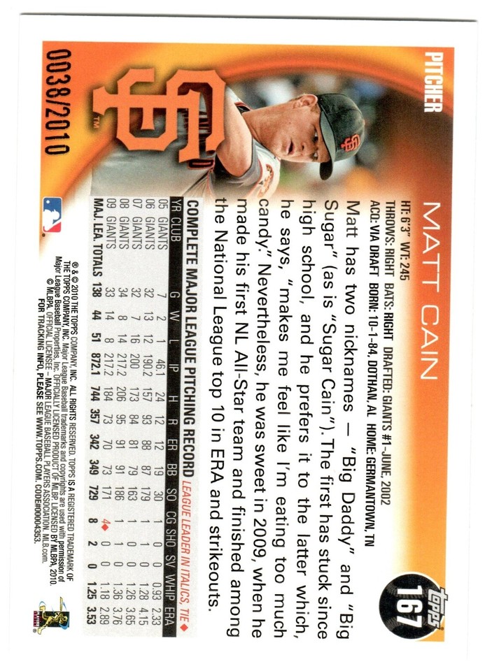 2010 Topps Opening Day Blue #167 SN 2010 Matt Cain San Francisco Giants ...