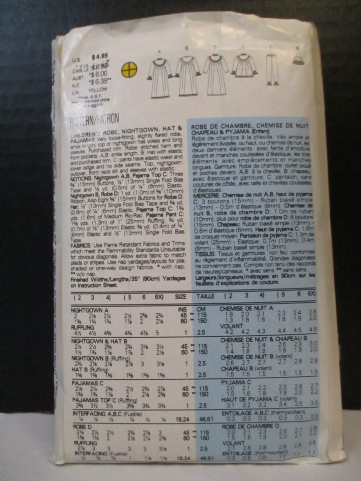 Butterick Pattern 4413 Girls Size 5-6-6X Robe Nightgown Hat Pajamas Cut ...