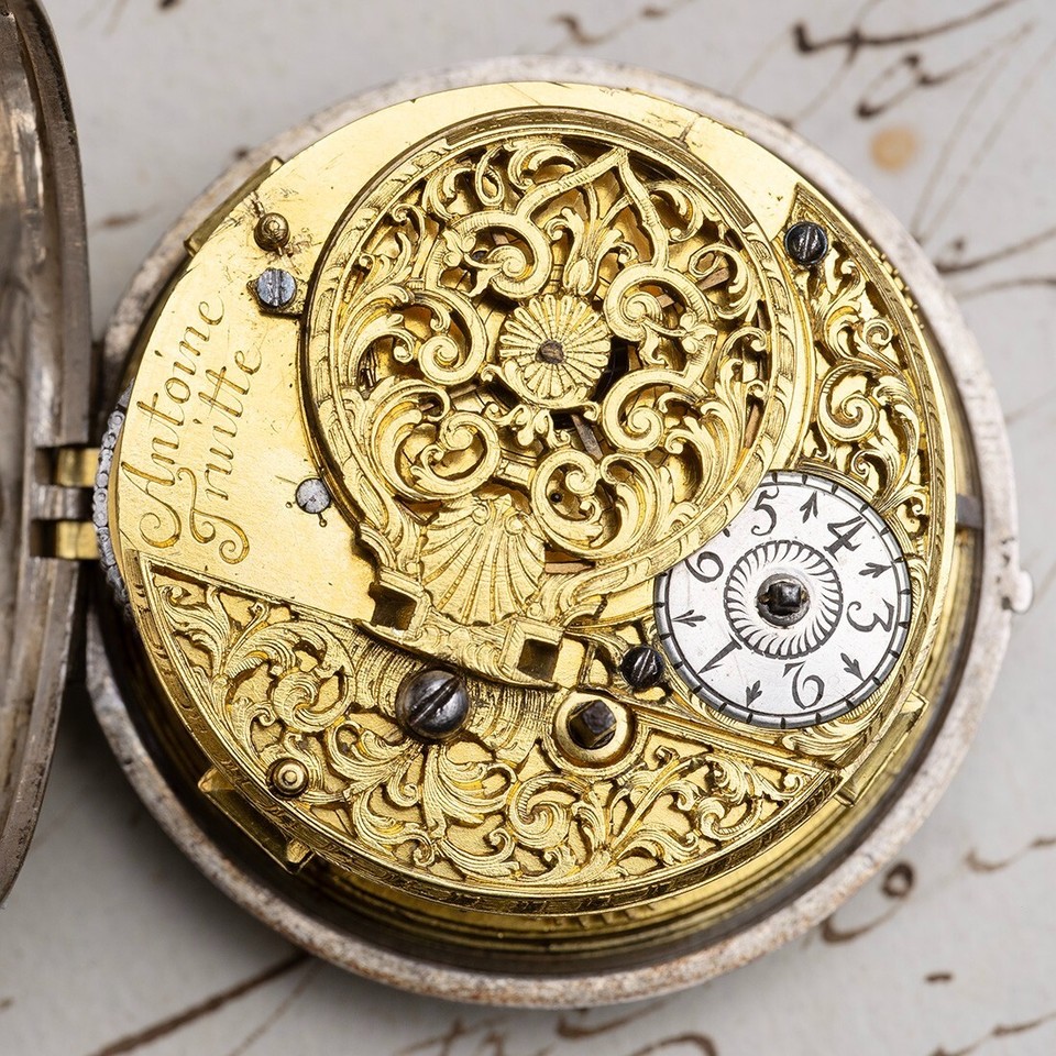 1710s Champleve Dial Repousse Pair Case Silver Verge Fusee Antique ...