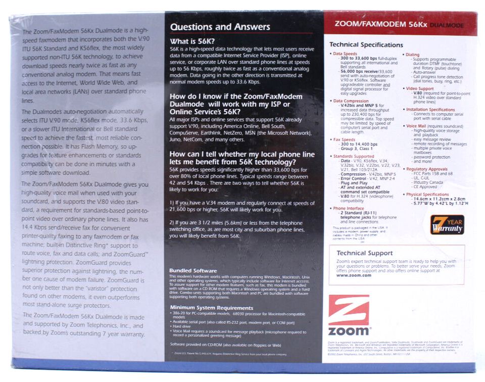 NIB Zoom Fax Modem 56K Dual Standard V.90 and K56flex External Faxmodem ...