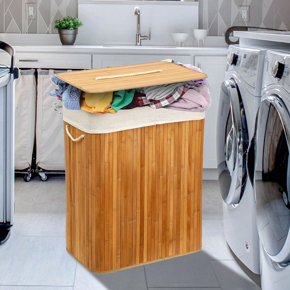 Laundry Fabric Bin Hamper Natural Bamboo Basket Washing Clothes Storage ...