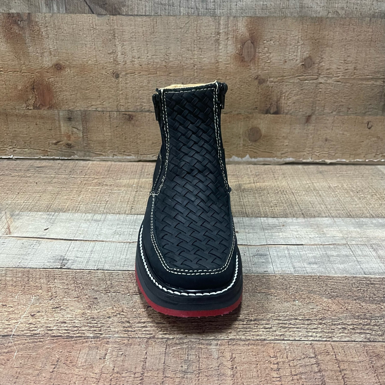Men's Zip-Up Work Boots Leather Black with Red sole Square Toe Bota ...