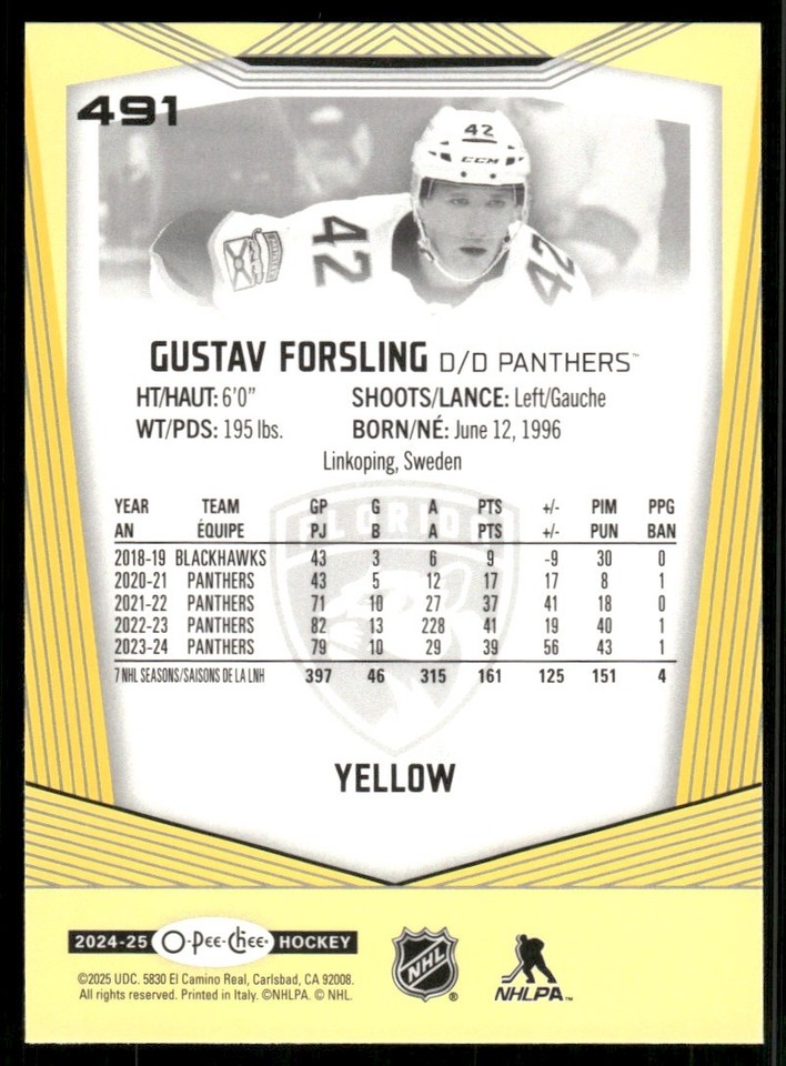 2024-25 O-Pee-Chee Yellow Border Gustav Forsling Florida Panthers #491 ...