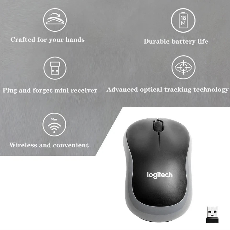 Logitech M185 Wireless Optical Mouse + USB Receiver Fit Compact PC ...