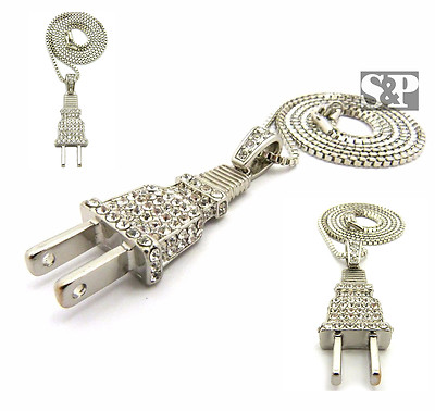 ICED SILVER PT ELECTRIC POWER PLUG PENDANT & 24" BOX CHAIN HIP HOP ...