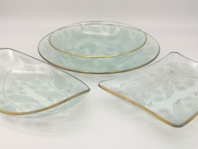 4x Vintage Pilkington Chance Clear Glass Plate White Leaves Gold Fluted ...