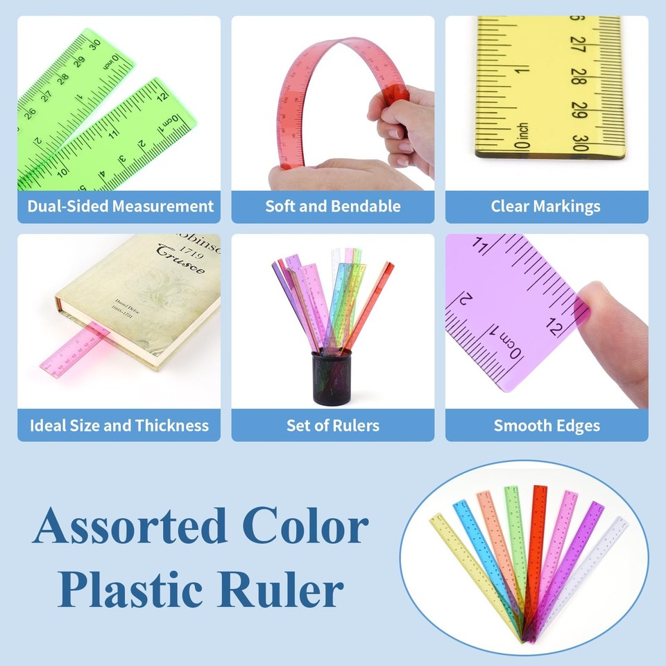 16 Pack Assorted Color Clear Rulers 12 inch, Plastic Ruler Bulks for ...