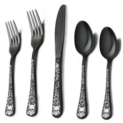 Skull Black Silverware Set for 4, 20-Piece Black Flatware Set, Gothic ...