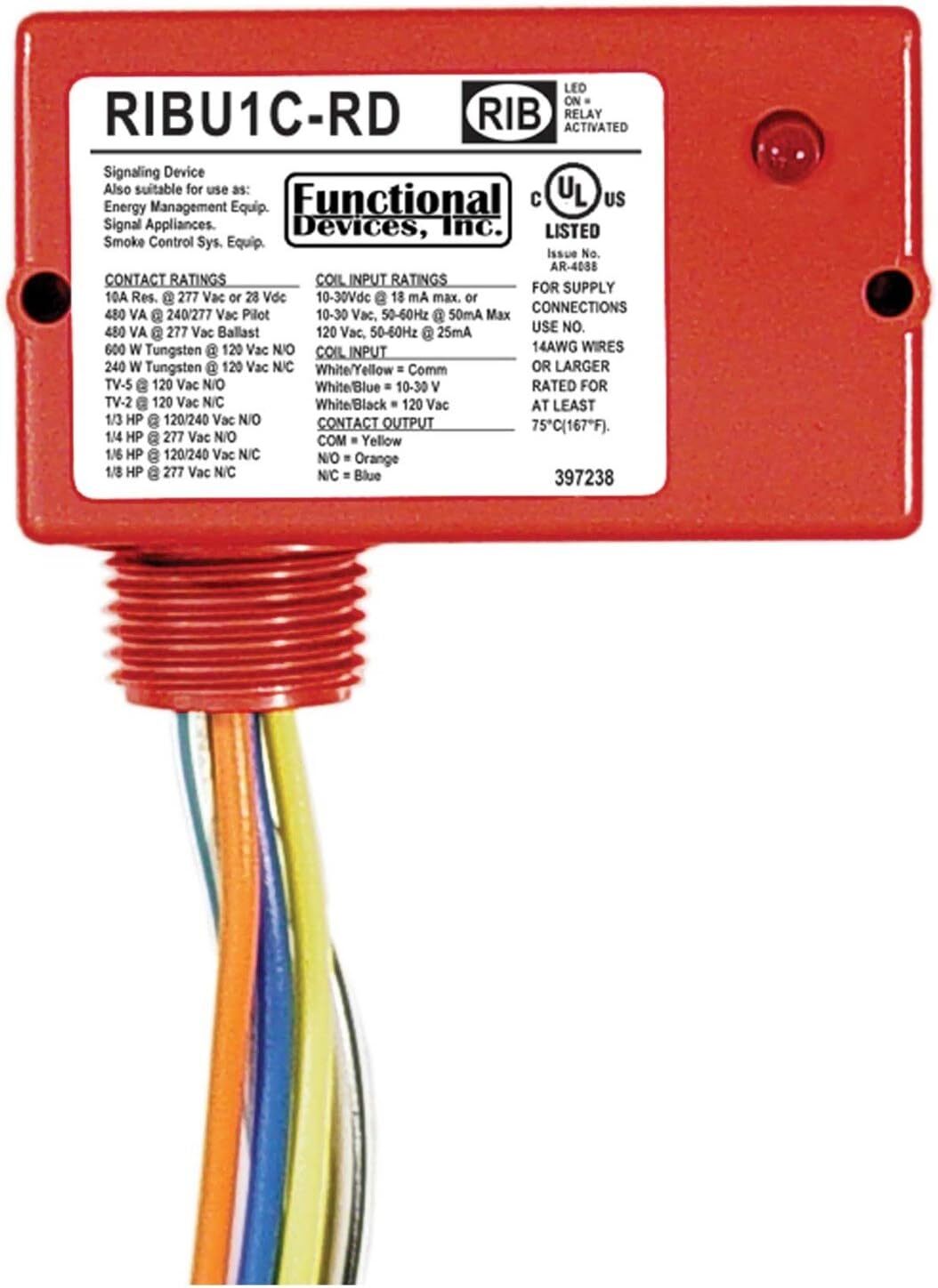 Functional Devices RIBU1C-RD Enclosed Pilot Relay 10A SPDT 10-30V AC/DC ...