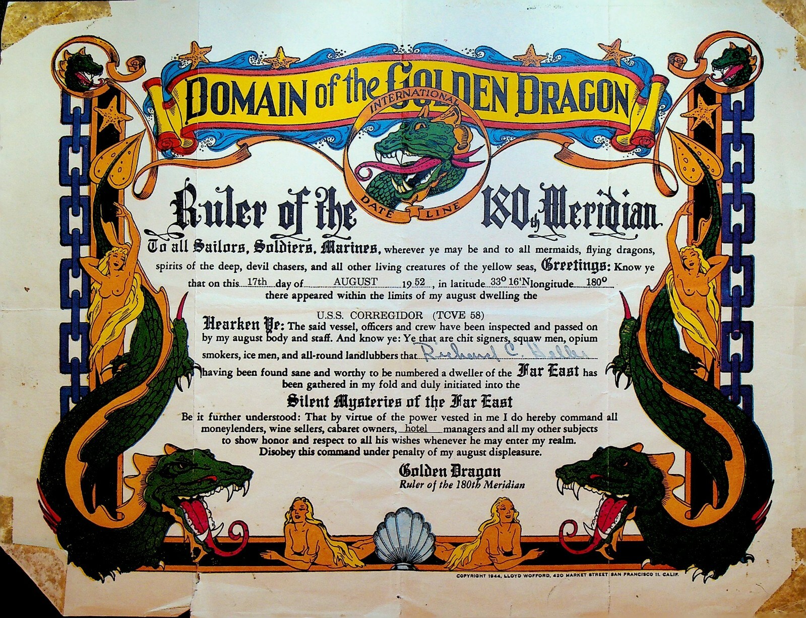 Domain of the Golden Dragon Ruler of the 180th Meridian Certificate ...