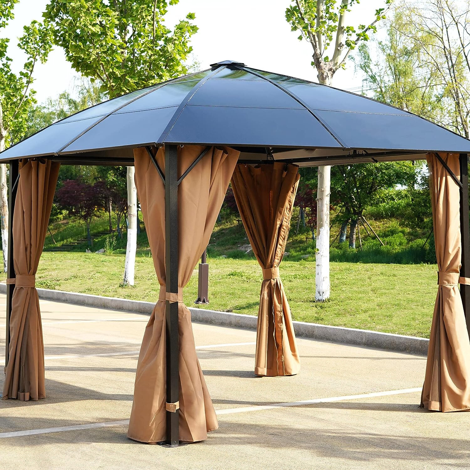 10x10 Hardtop Gazebo with Aluminum Frame Curved Roof Canopy w/ Netting ...