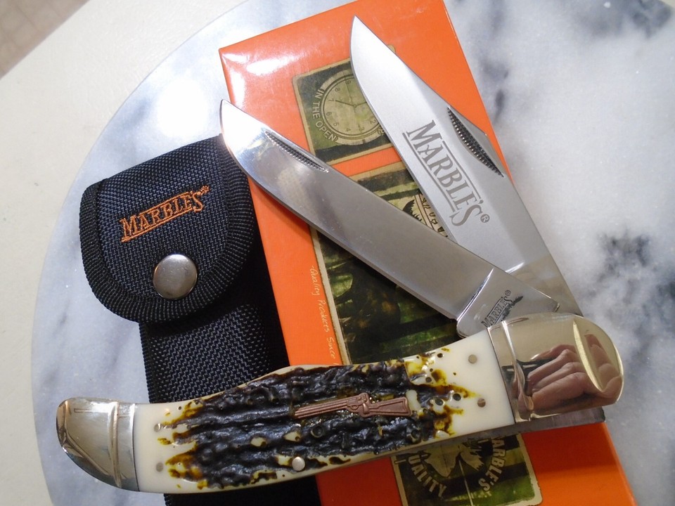 Marbles 2 Blade Folding Hunter Pocket Knife w Sheath Delrin Stag Folder ...