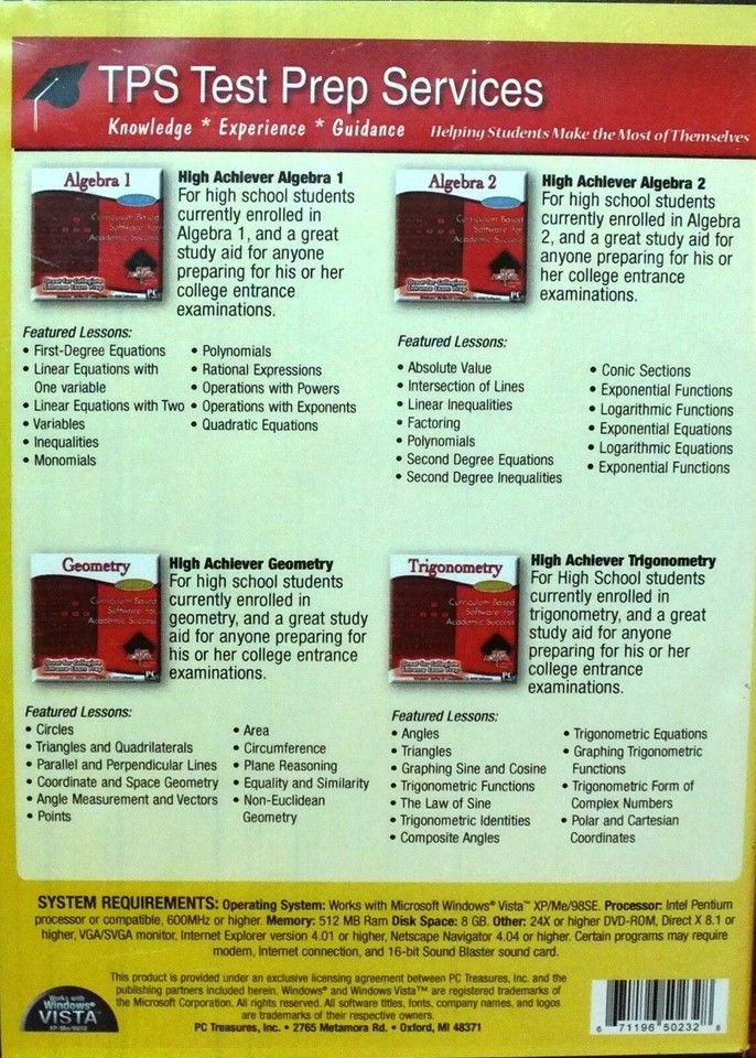 TPS Test Prep Services (PC Windows) For Algebra 1 & 2, Geometry & Trig ...